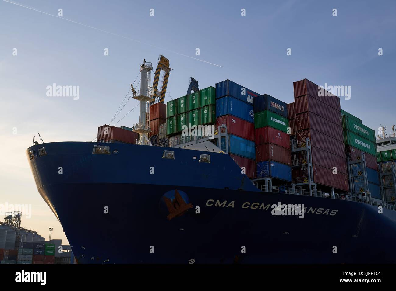 Container ship in port at container terminal. Ships of container ships ...