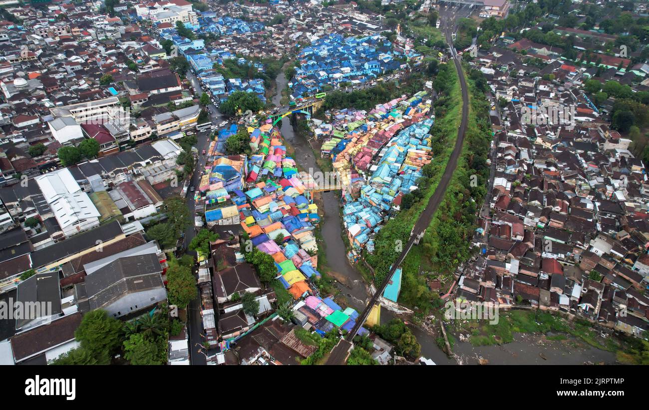 Aerial view of the old slum village Jodipan with colorful houses in ...