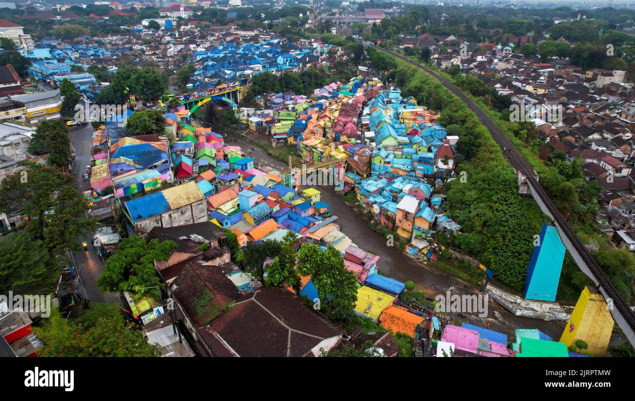 Aerial view of the old slum village Jodipan with colorful houses in ...