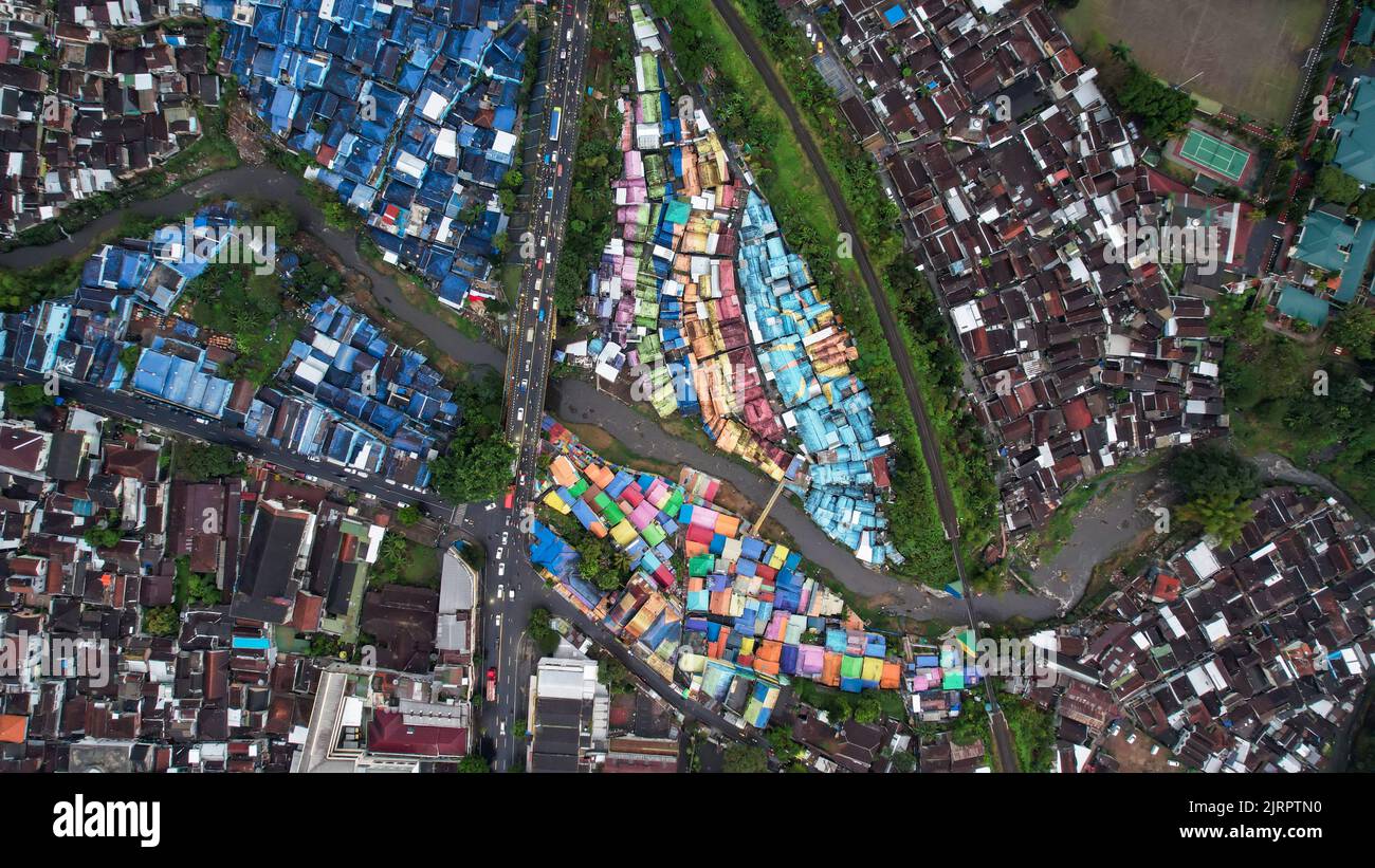 Aerial view of the old slum village Jodipan with colorful houses in ...