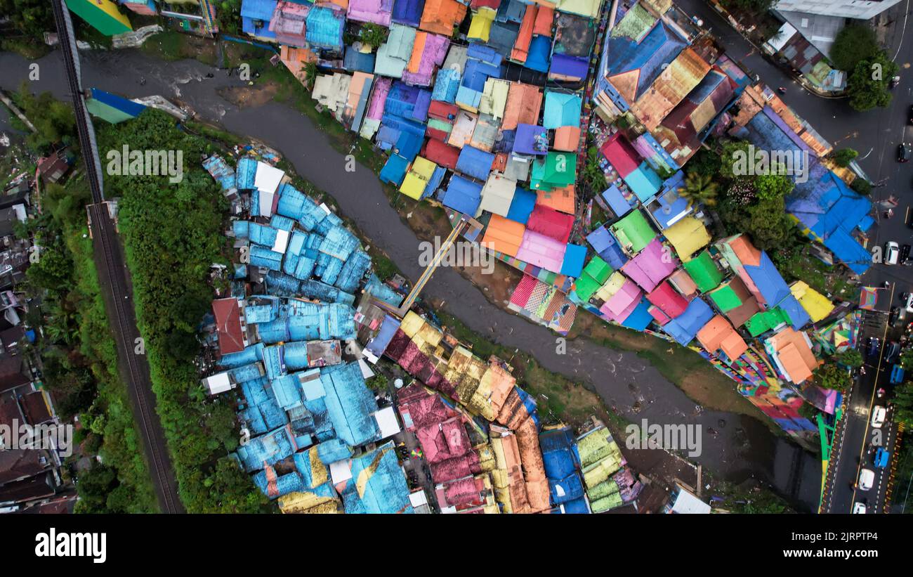 Aerial view of the old slum village Jodipan with colorful houses in ...