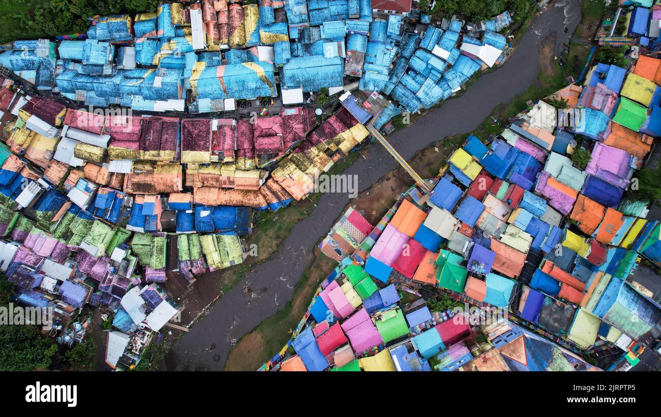 Aerial view of the old slum village Jodipan with colorful houses in ...