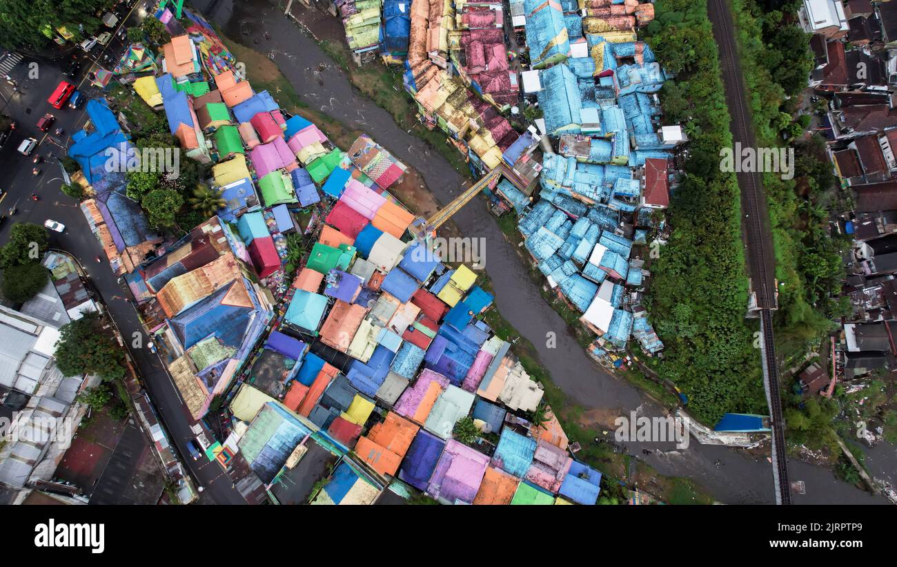 Aerial view of the old slum village Jodipan with colorful houses in ...