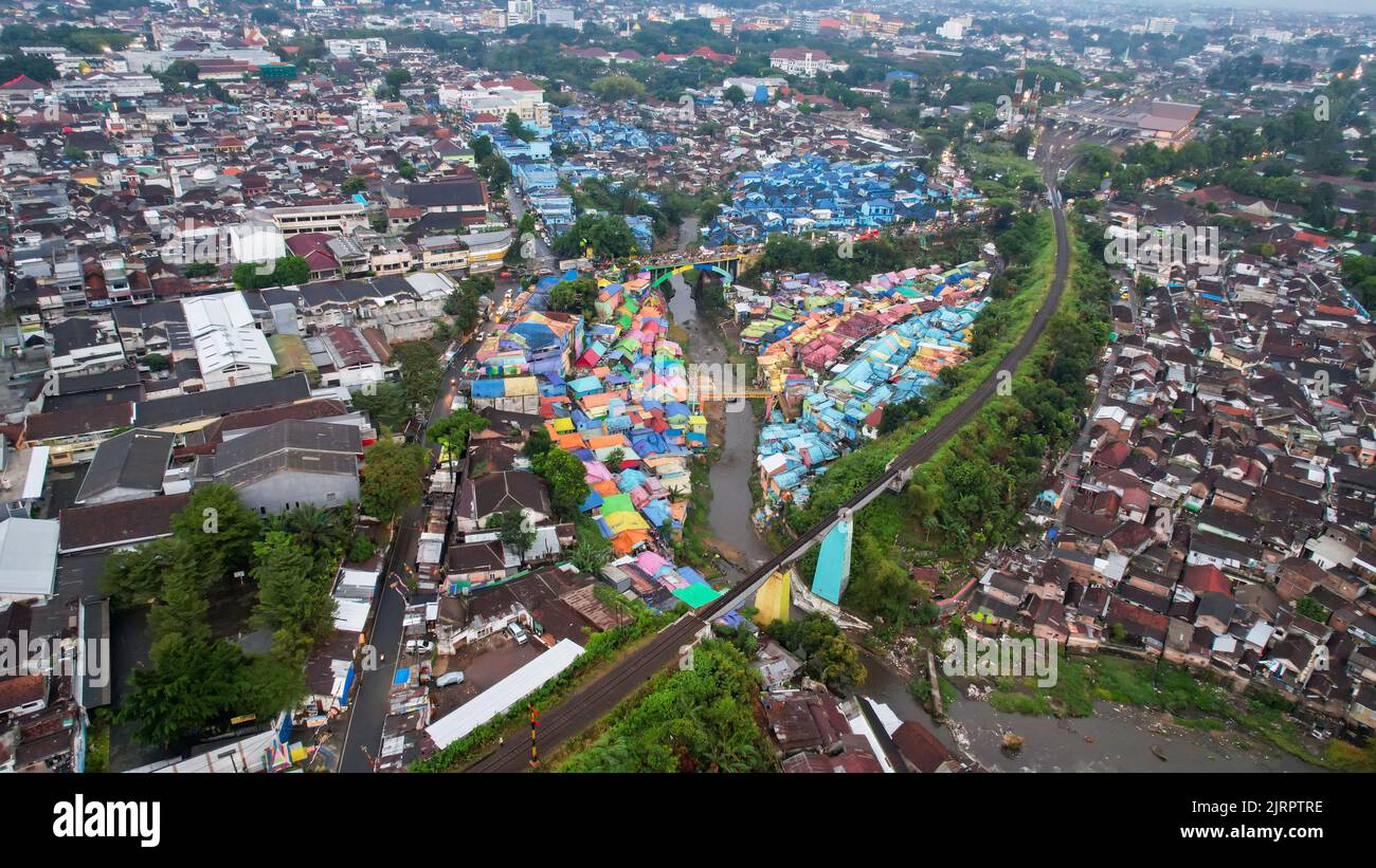 Aerial view of the old slum village Jodipan with colorful houses in ...