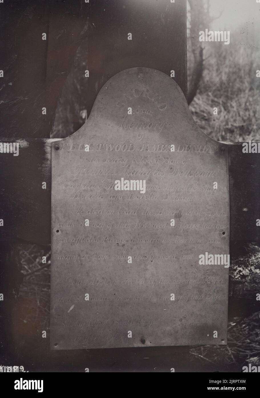 'Denham Bay, Sunday Island. Name plate on the grave of F J Denham', 6 October 1908, Kermadec ...