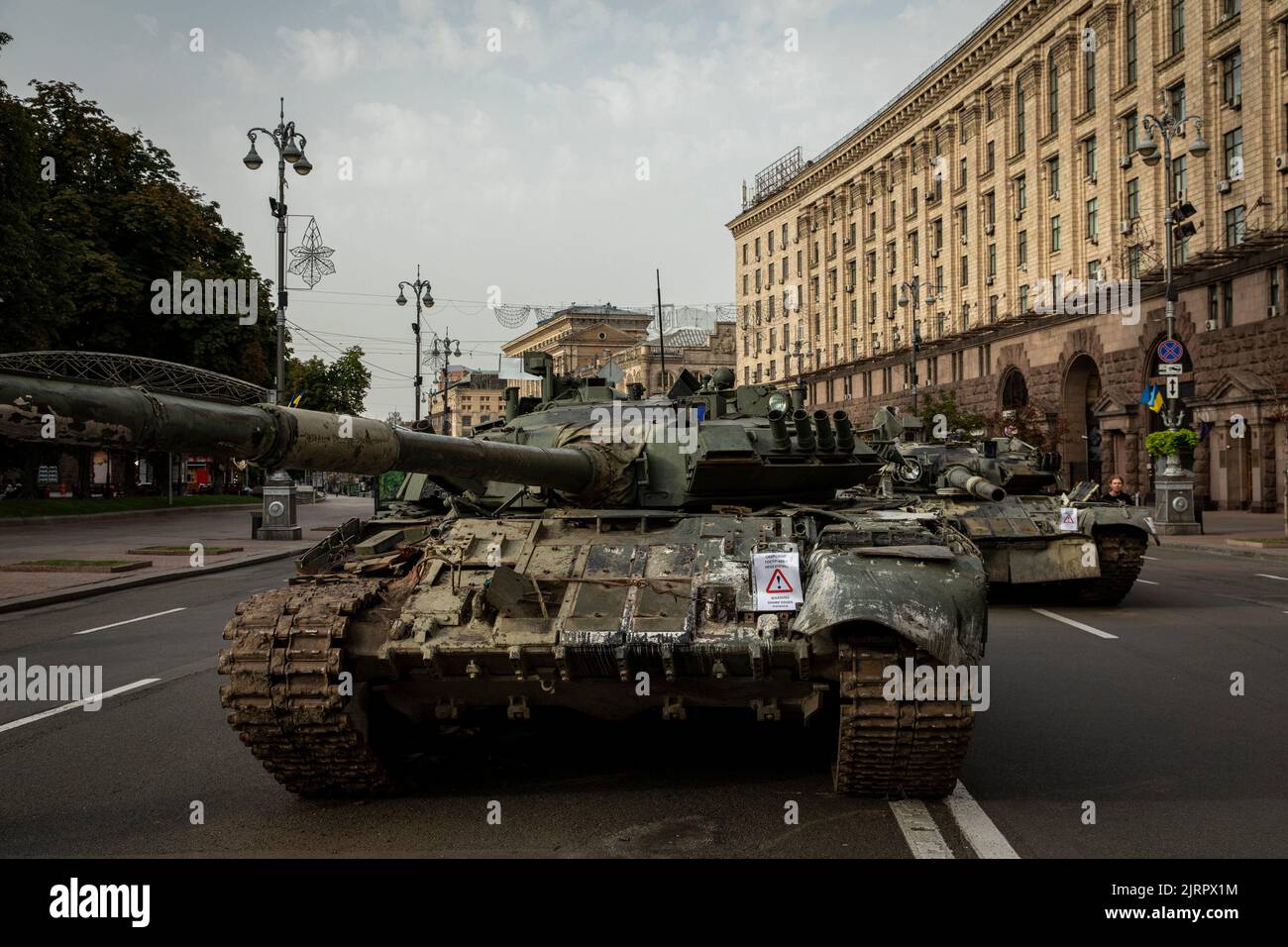Demolished Russian tanks are showcased in an exhibition in Kyiv. As ...