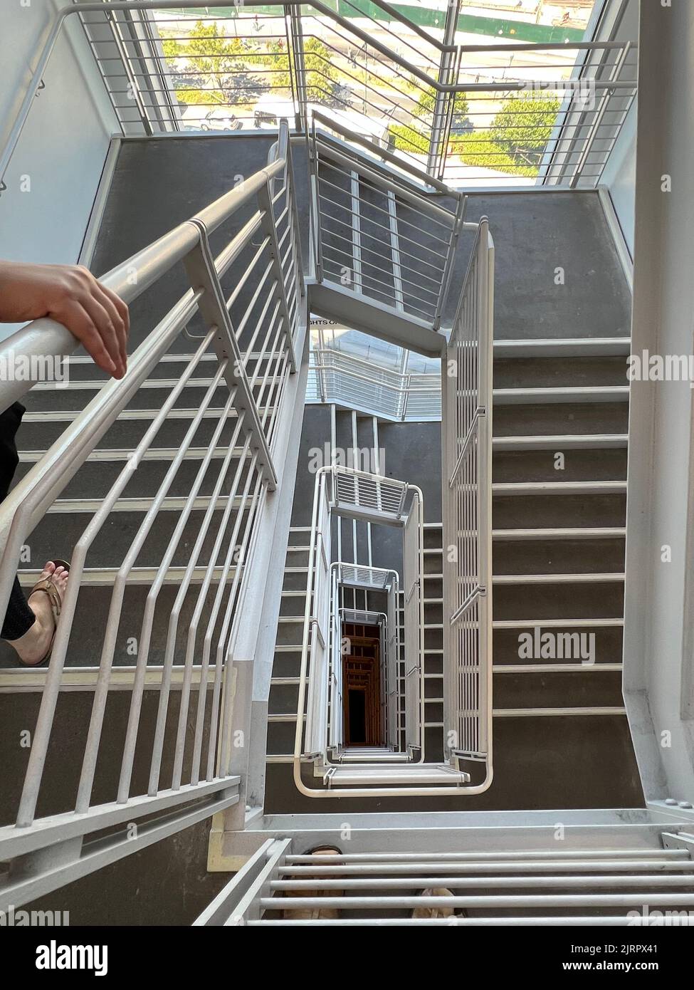 Looking down a stairwell at the Whitney Museum of American Art an eight ...