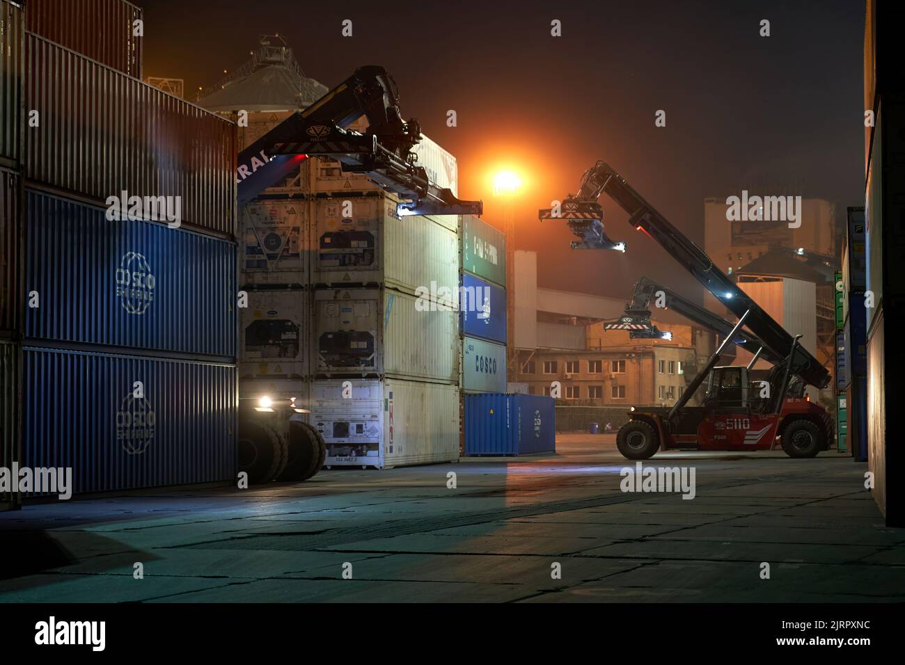 Odessa, Ukraine SIRCA 2019: operation of container terminal at night ...