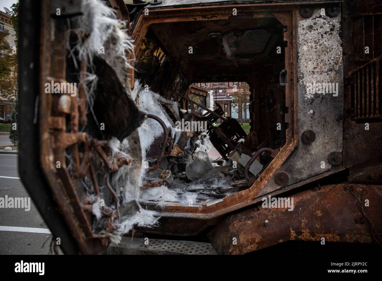 The interior view of a destroyed Russian military truck in Kyiv. As ...