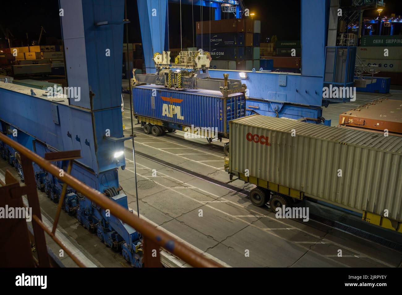 Containers loading by crane in the night , Trade Port. container operation in port series Stock ...