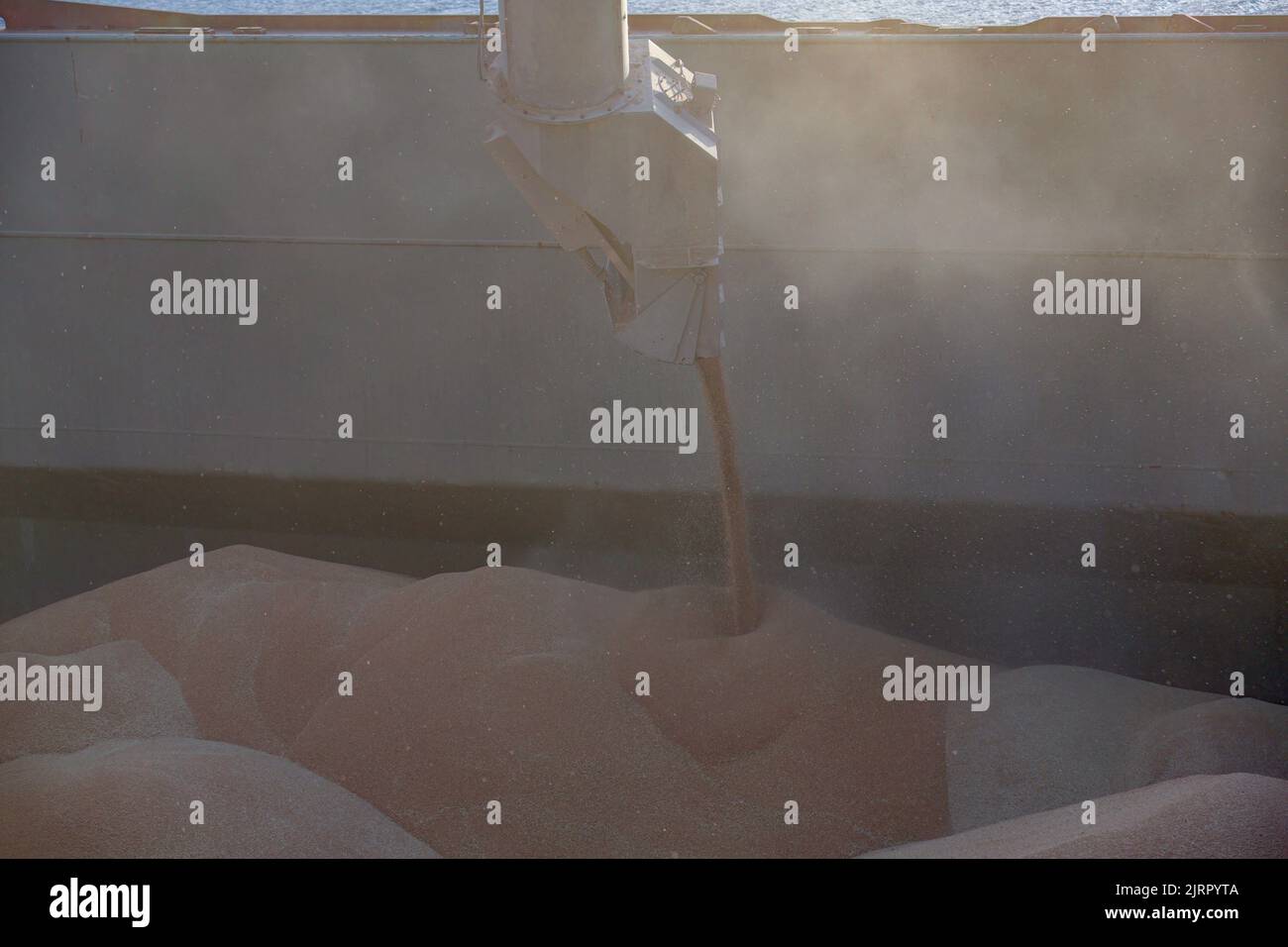 Panamax bulk carrier loaded with wheat. Dust from grain loading. Ship ...
