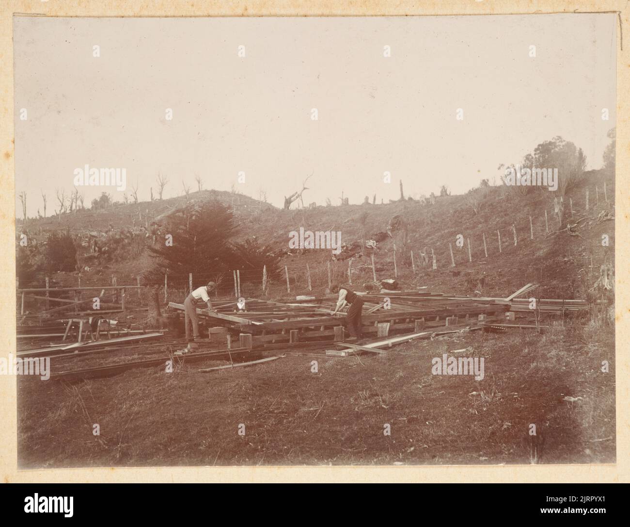 Construction. From the album: Snapshot album - Nga Mahanga, circa 1900, Manawat River, maker ...