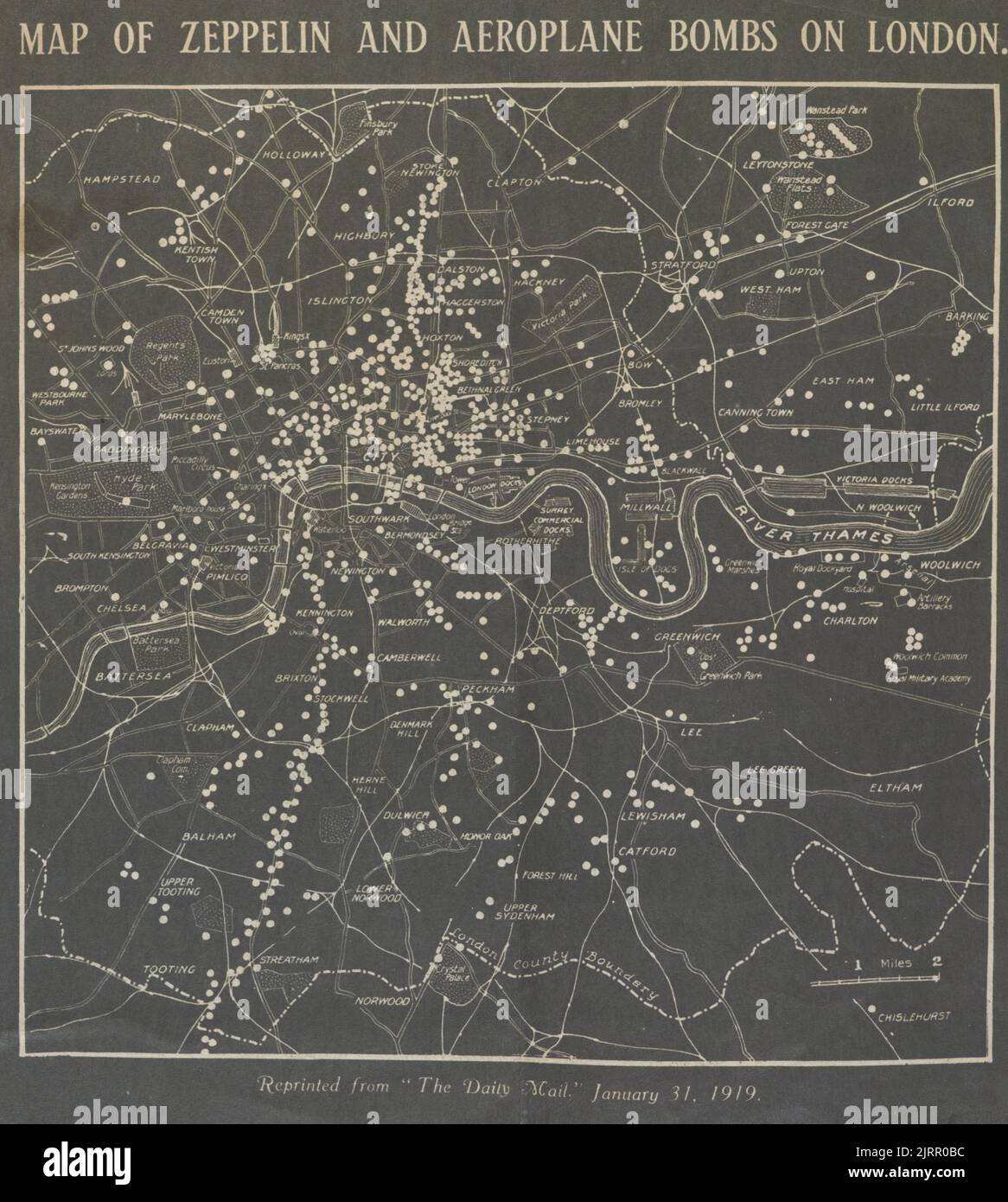 Map of Zeppelin and aeroplane bombs on London. From: World War I ...