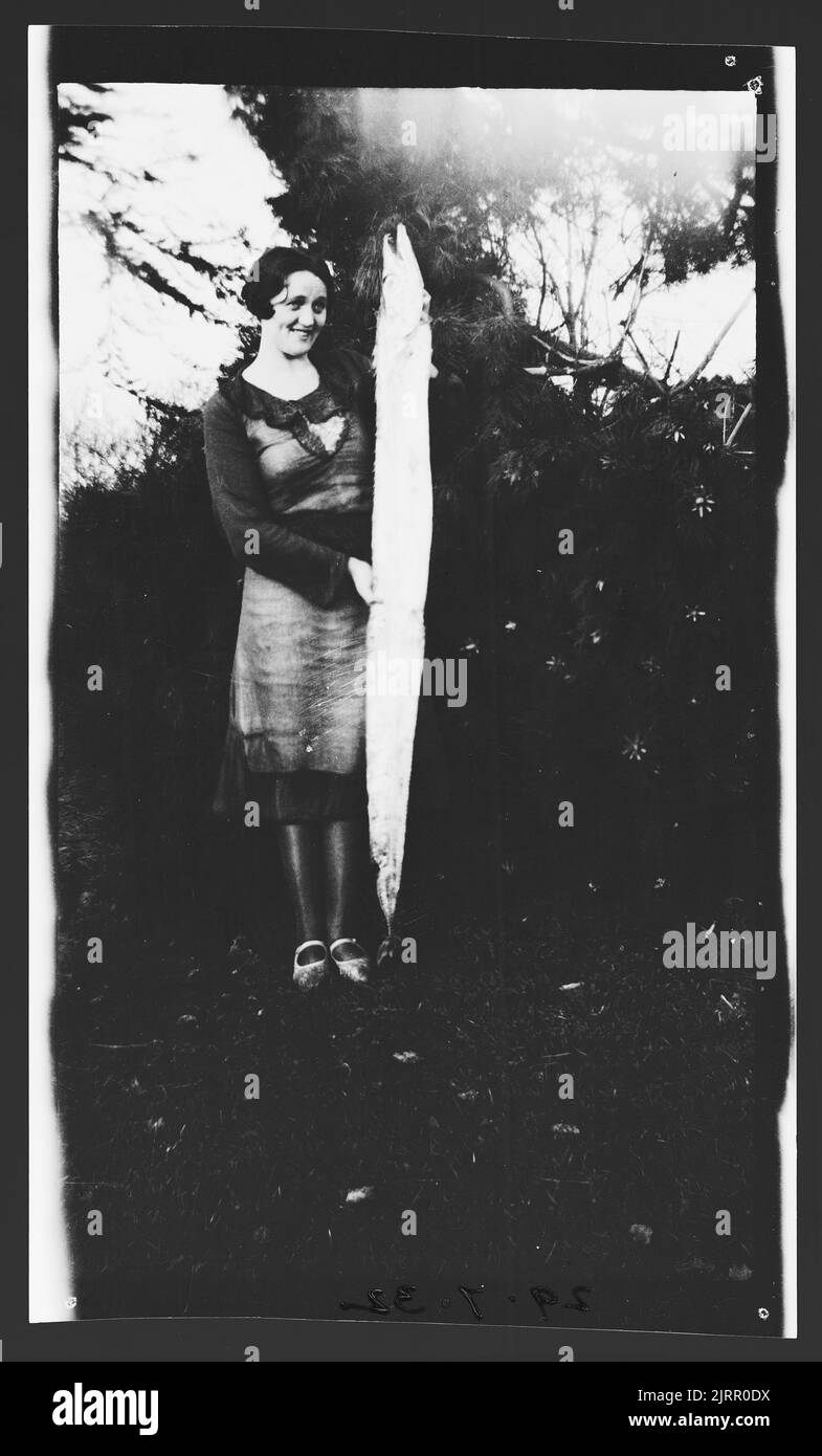 Grace McDonald with the frost-fish taken at Hokio Beach, Horowhenua, 29 ...