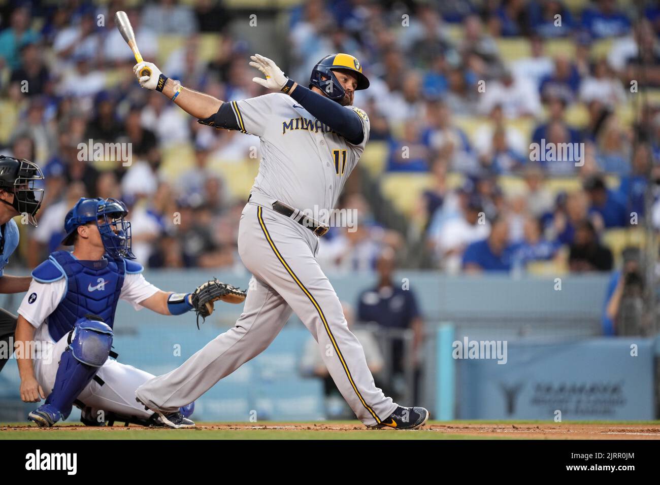 Milwaukee Brewers first baseman Rowdy Tellez (11) bats against the Los ...