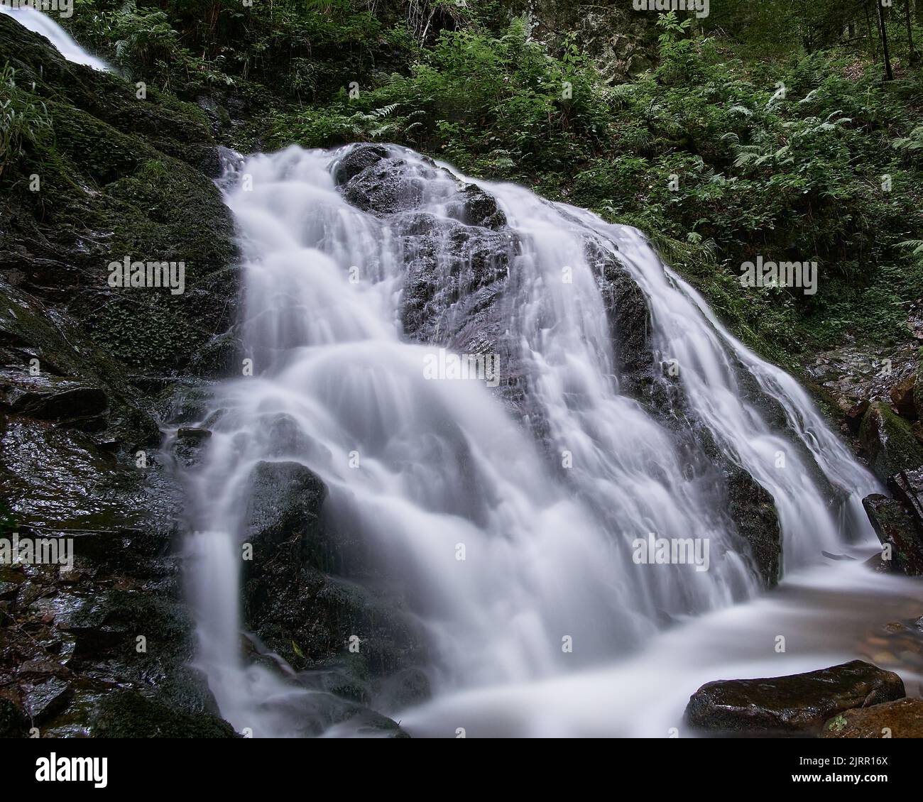 A beautiful scenery of a waterfall on a rocky slope covered with ...
