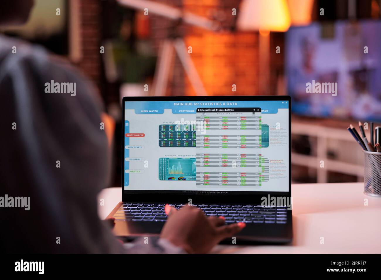 Company financial statistics on laptop screen, corporate remote ...