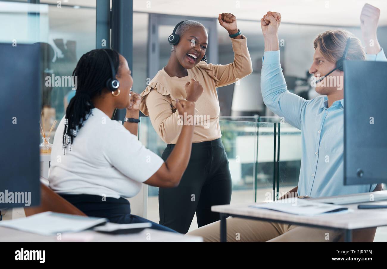 Winner, success or call center teamwork in contact us office with women ...