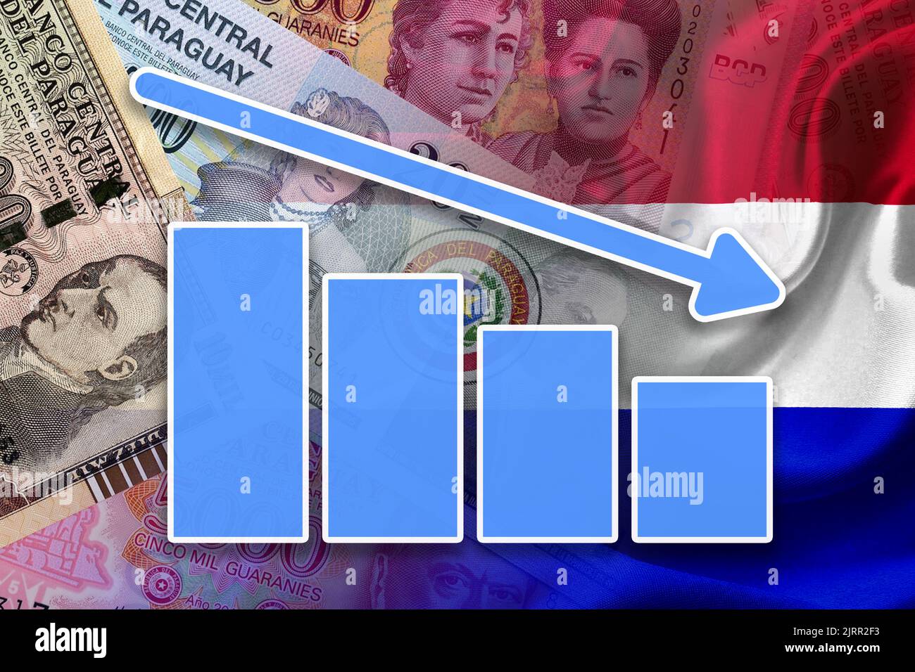 Economy Chart - Down Arrow, Guarani Cash Bills and Paraguay Flag (Money ...
