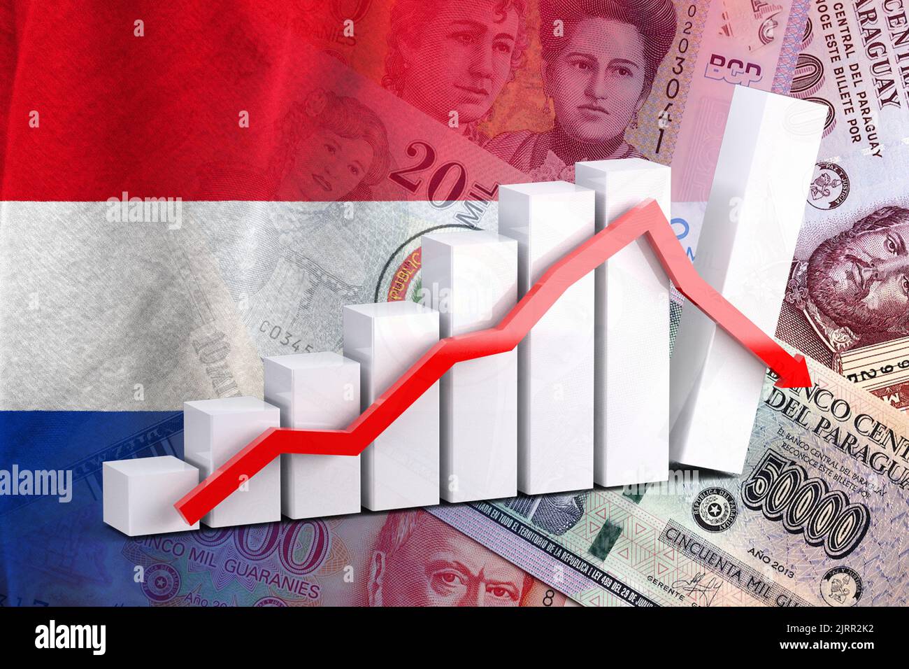 Economy Chart - Down Arrow, Guarani Cash Bills and Paraguay Flag (Money ...