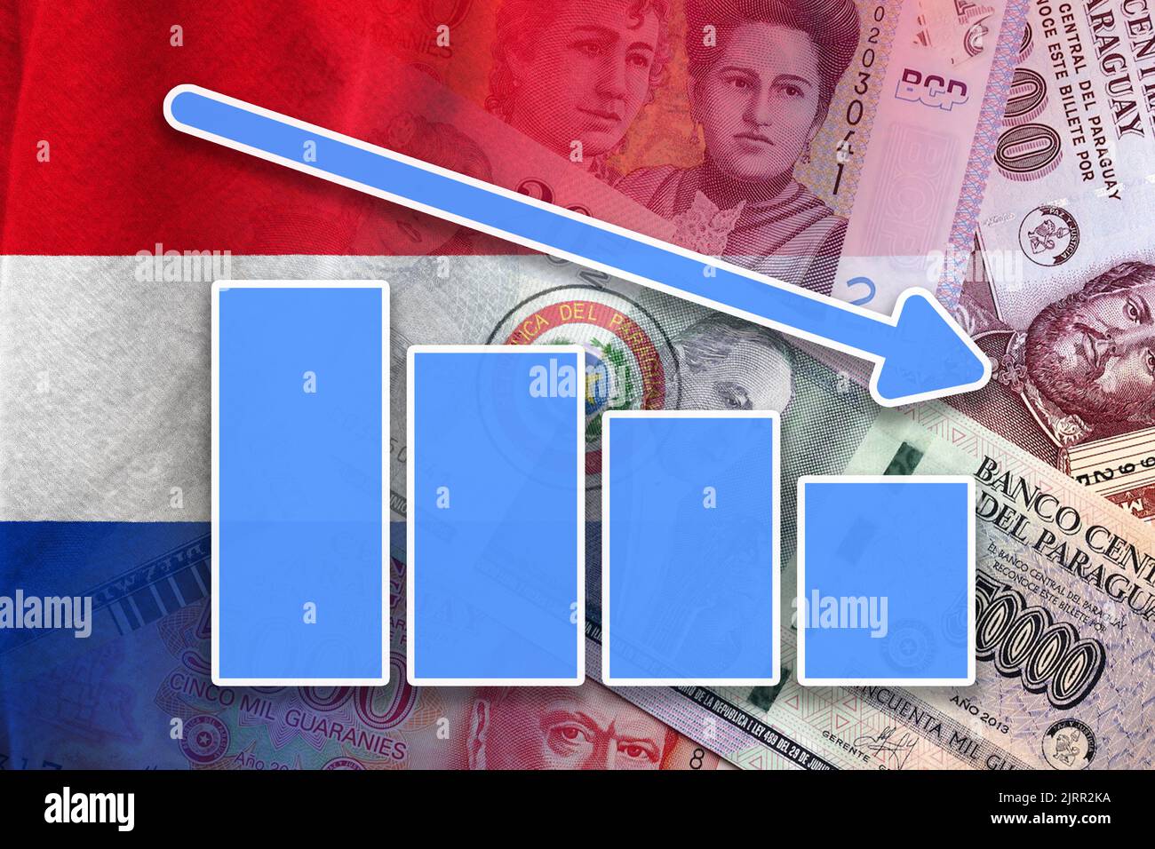 Economy Chart - Down Arrow, Guarani Cash Bills and Paraguay Flag (Money ...