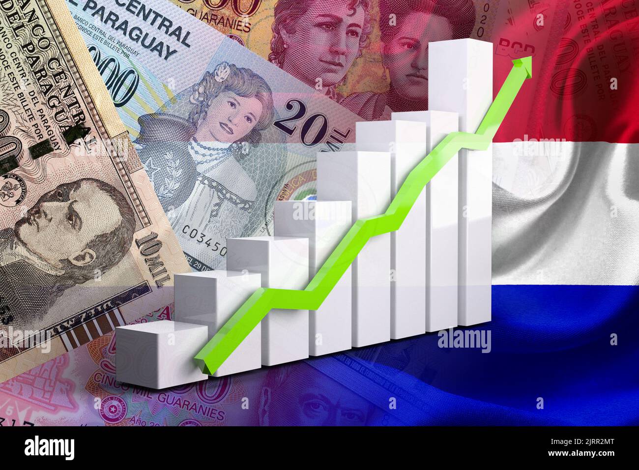 Economy Chart - Up Arrow, Guarani Cash Bills and Paraguay Flag (Money ...