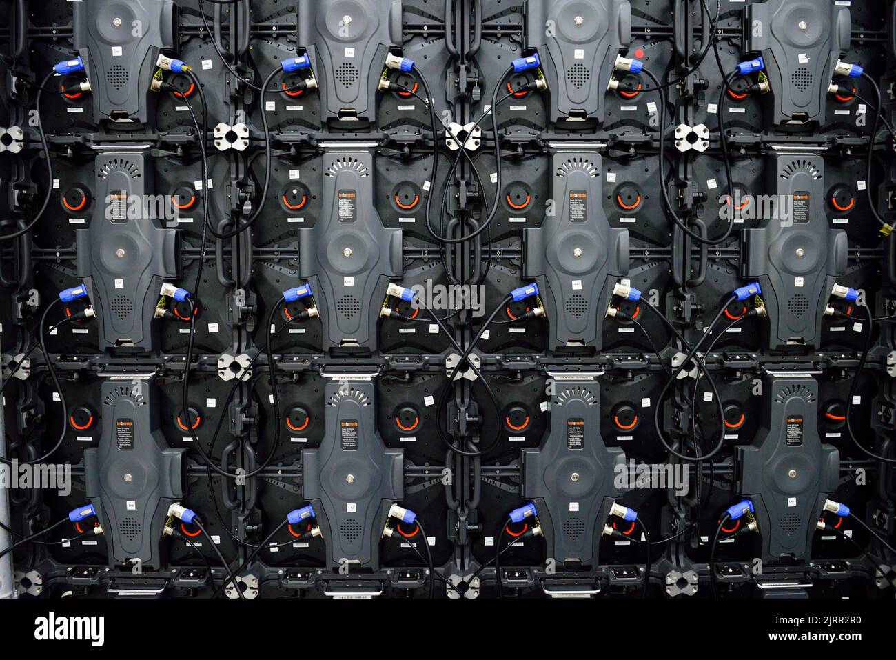 Full frame close up view of audio technology system, wires cables and ...