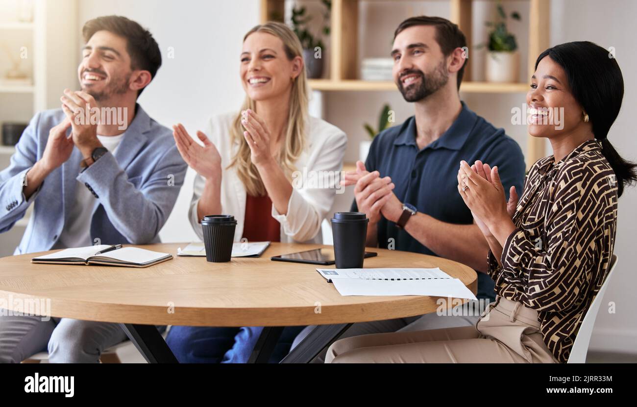 Diversity, audience and creative workers clapping hands for a ...