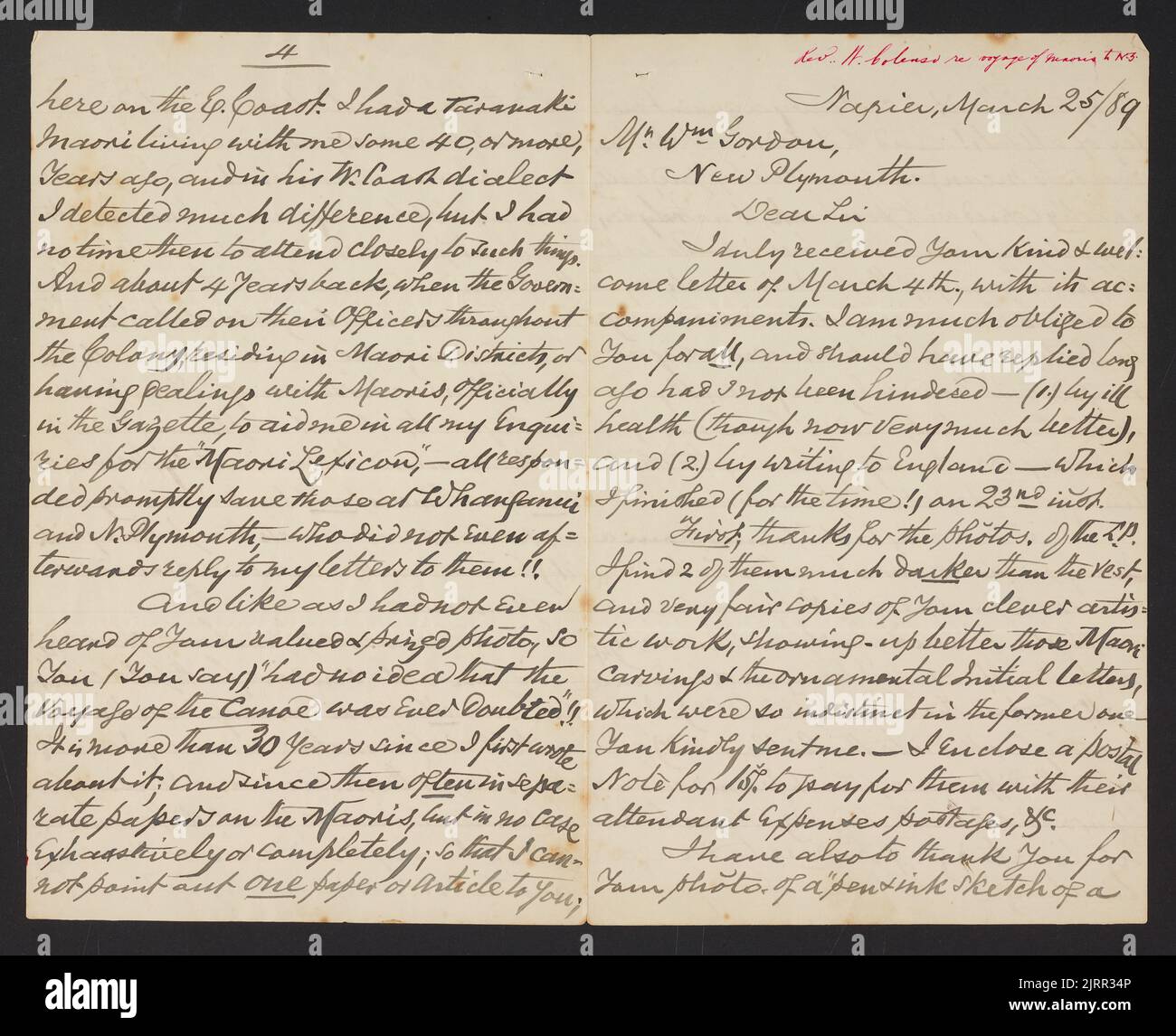 Gordon re voyage of maori to new zealand letter hi-res stock ...