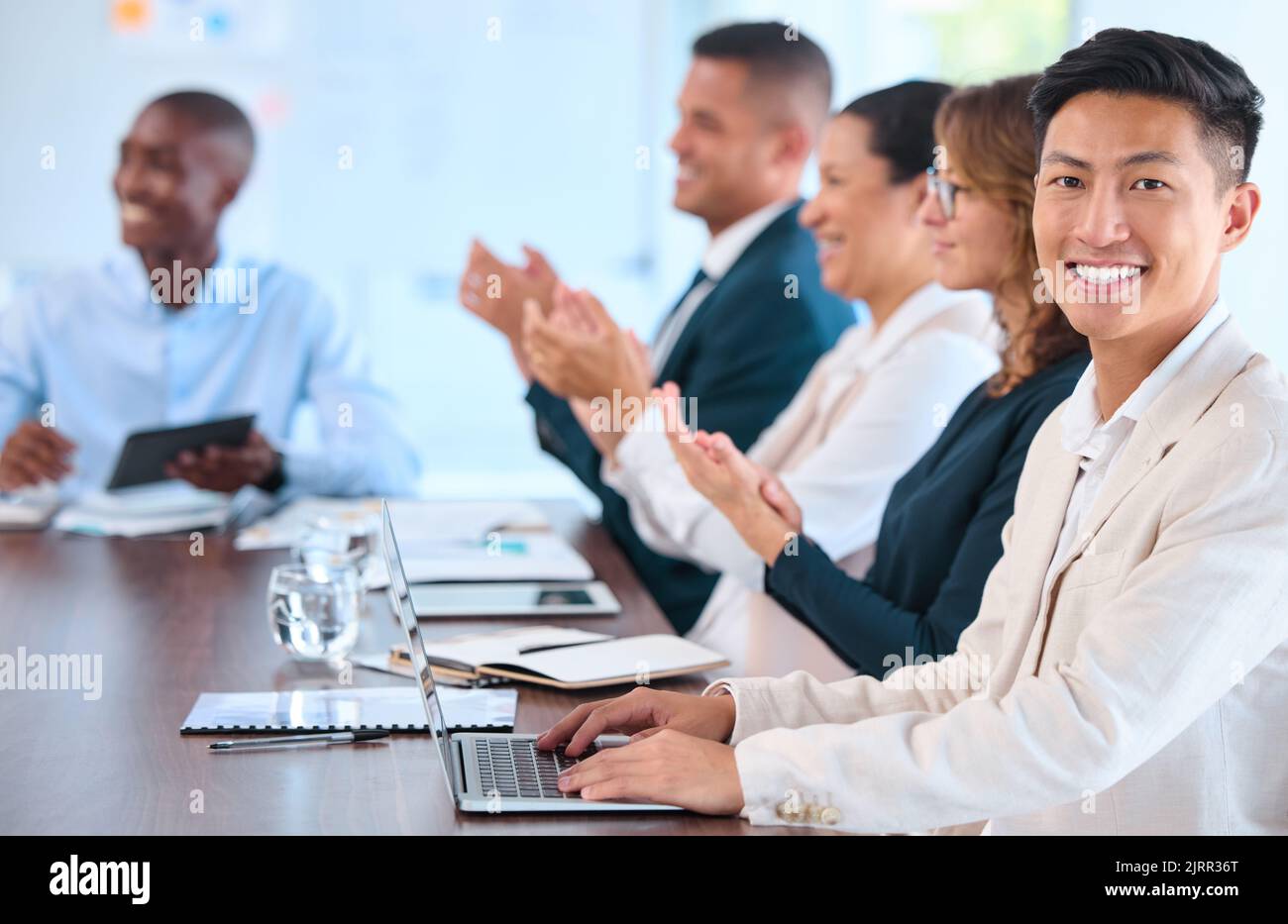 Meeting, business people and digital marketing man with laptop vision ...