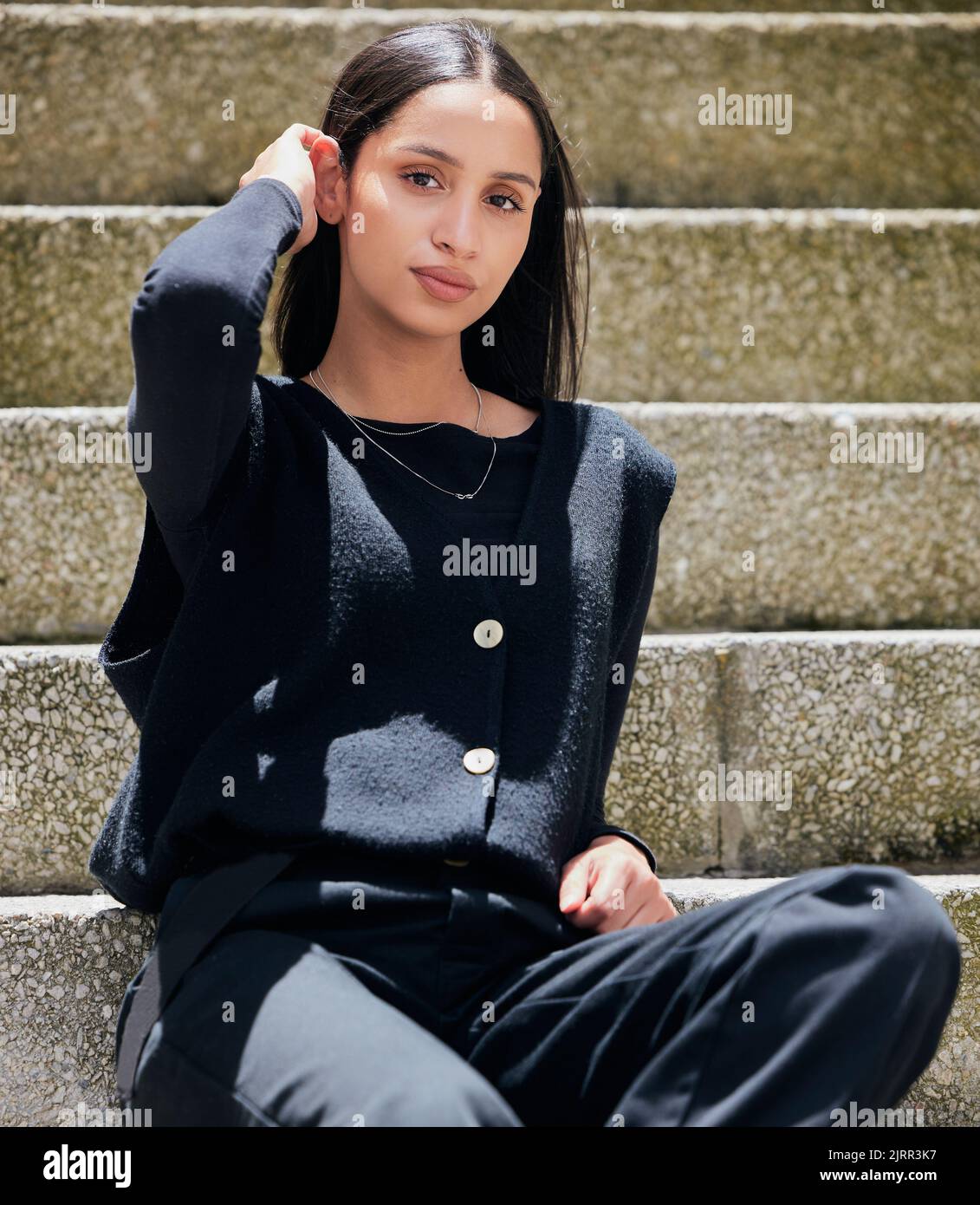 Fashion, portrait and gen z woman or model in urban or trendy clothes ...