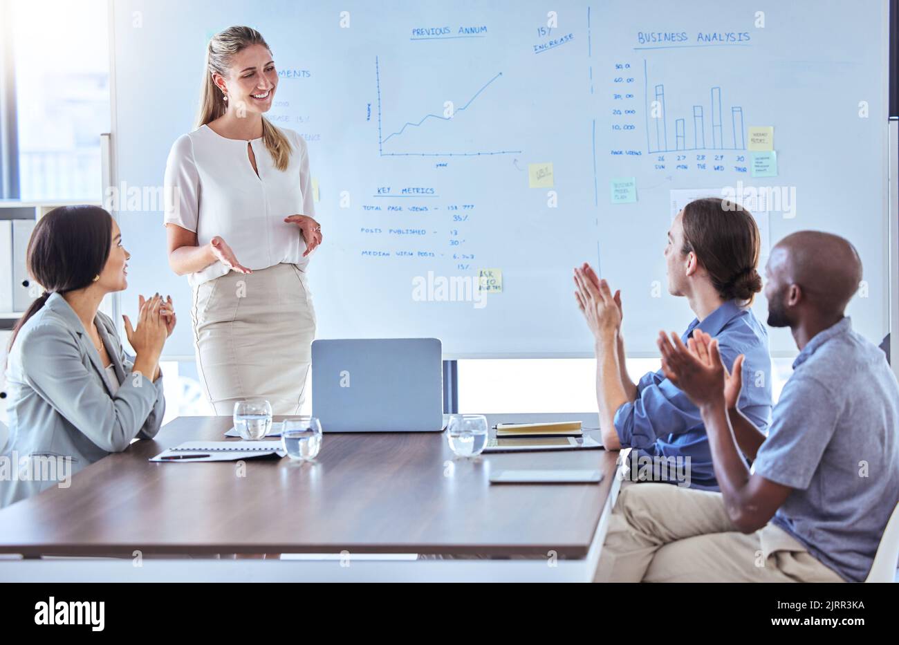 Clapping, success workshop or teamwork business meeting for happy creative marketing speaker on ...