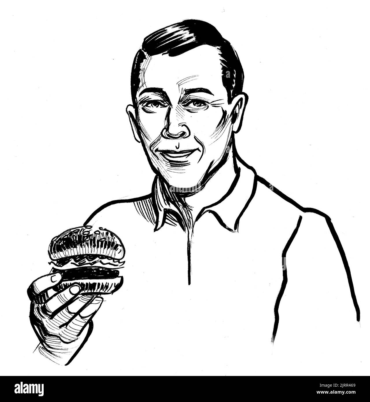 Man eating a cheeseburger. Ink black and white drawing Stock Photo - Alamy