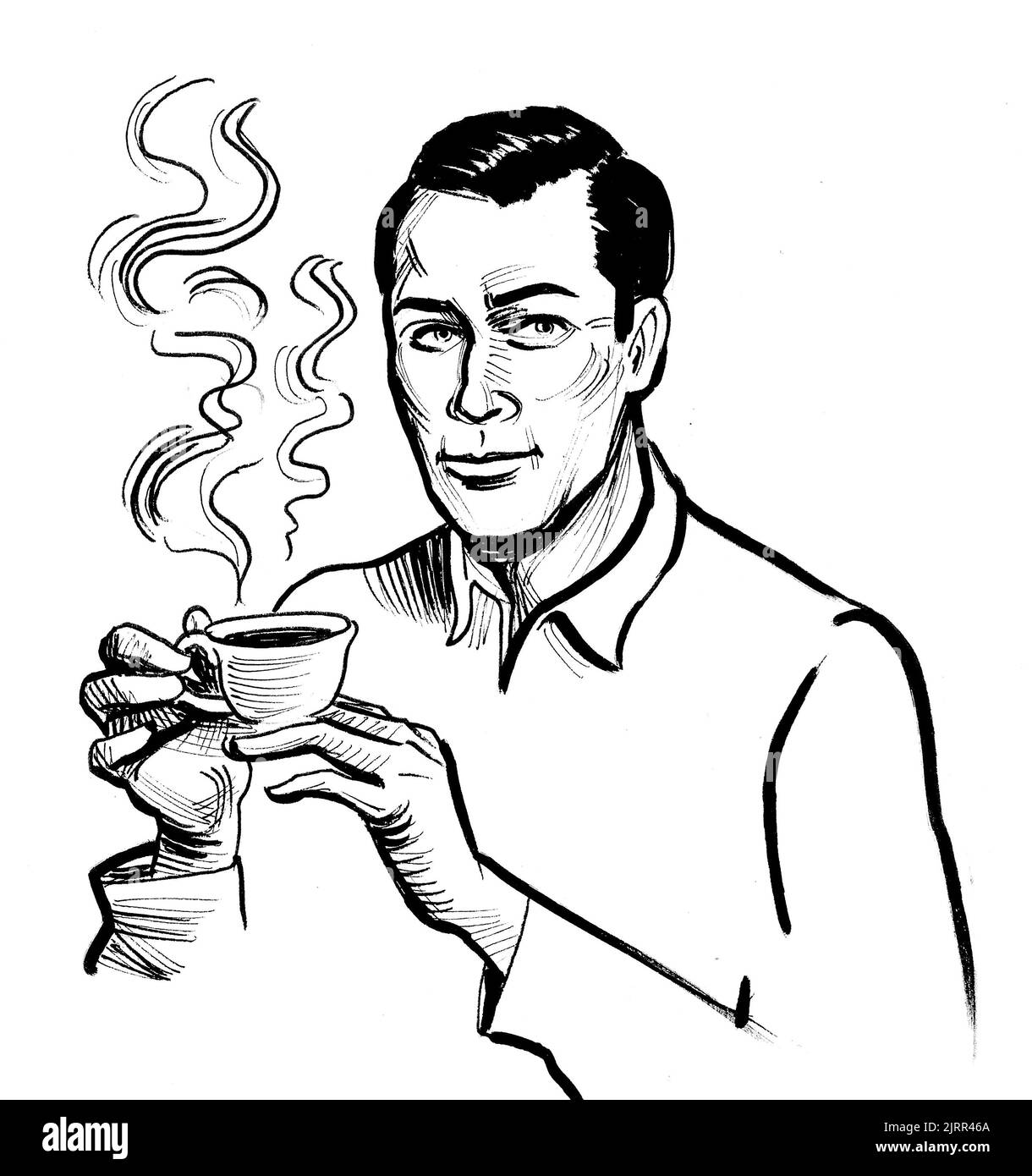 Man drinking a cup of coffee. Ink black and white drawing Stock Photo ...