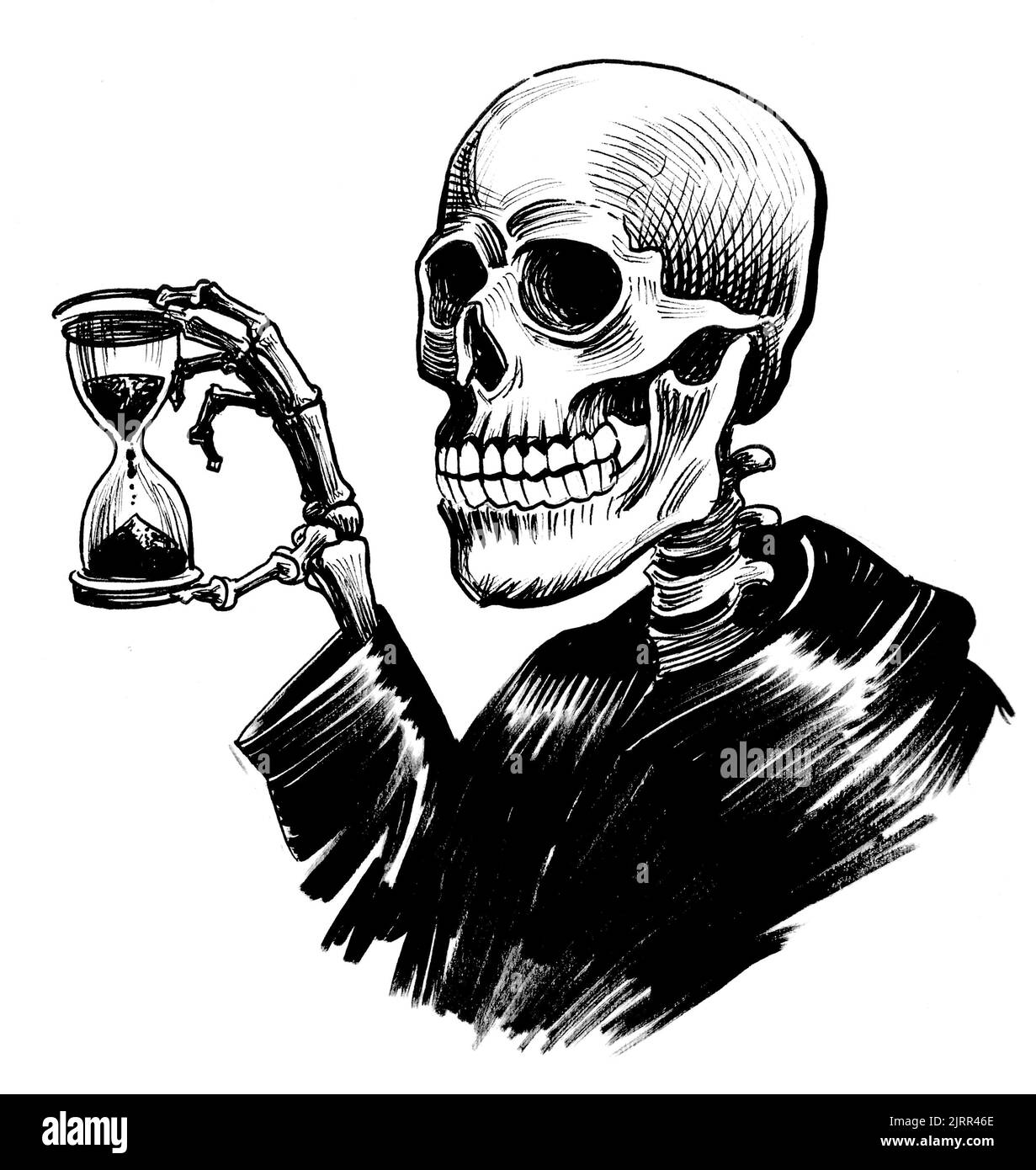Skeleton with sand clock. Ink black and white drawing Stock Photo - Alamy