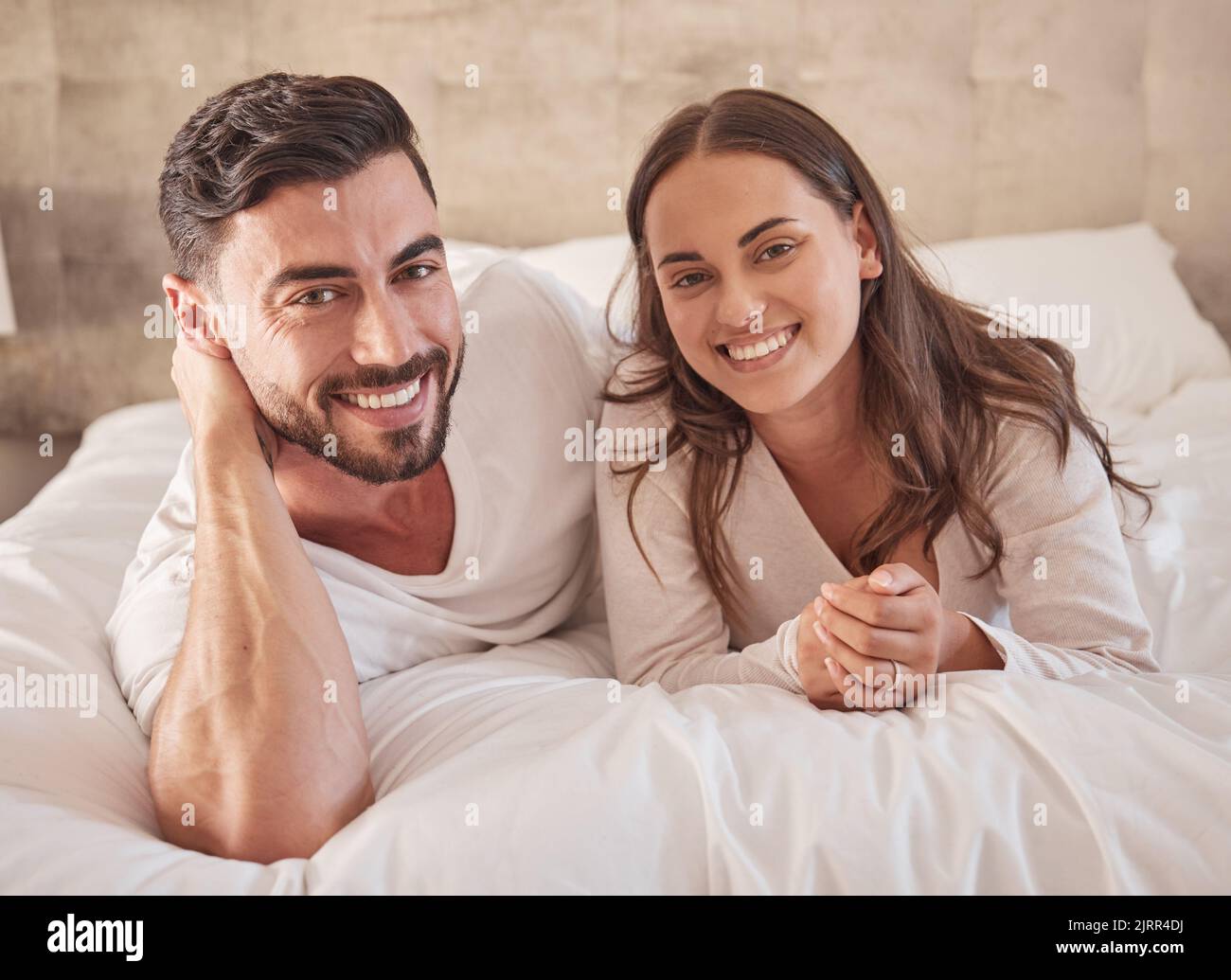 Love couple together in bedroom house, apartment or home to relax ...
