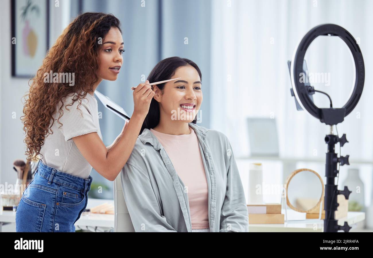 Phone streaming, makeup influencer or social media beauty tutorial on ...