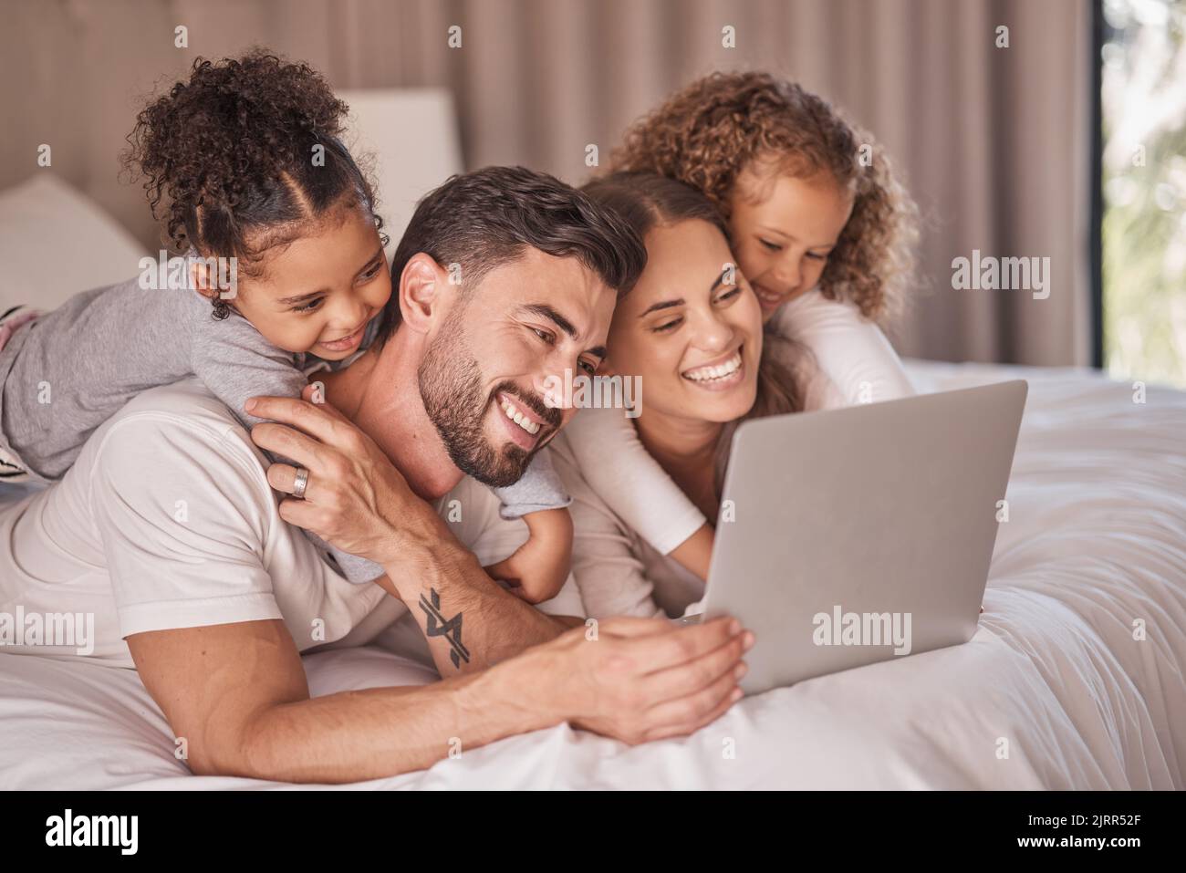 Happy family, laptop and kids enjoying live stream cartoon subscription ...