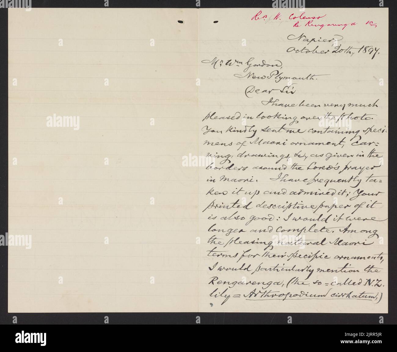 Letter to W.F. Gordon re Rengarenga, 20 October 1897, by Reverend ...