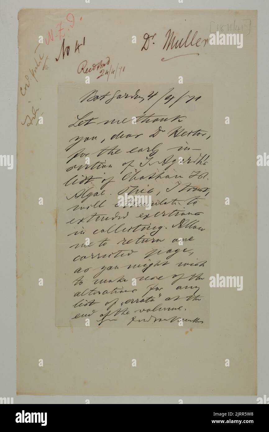 Acknowledging receipt of letter about plants, 04 April 1871, Melbourne ...