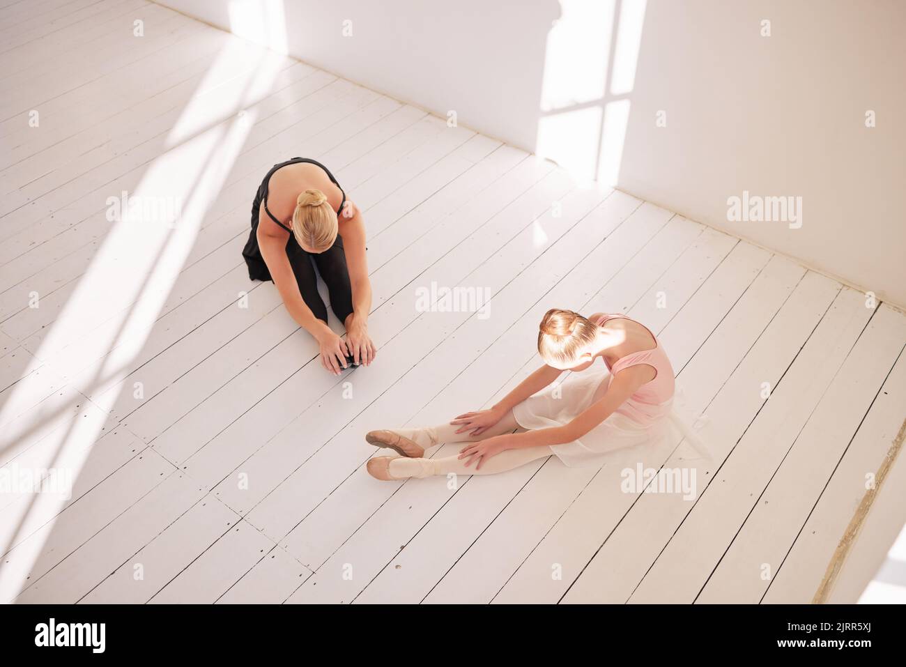 Ballet stretching, dance student and teacher in studio for theatre ...