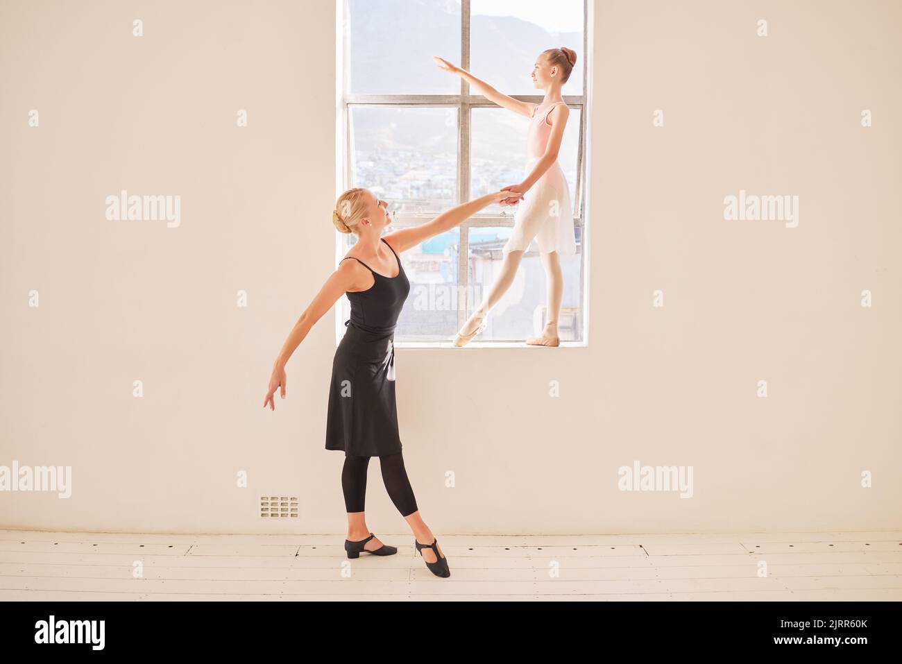 Art, ballet and dance teacher with girl ballerina practicing posture by ...