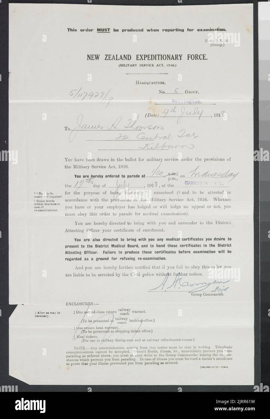 Order to report for medical examination under the Military Service Act ...