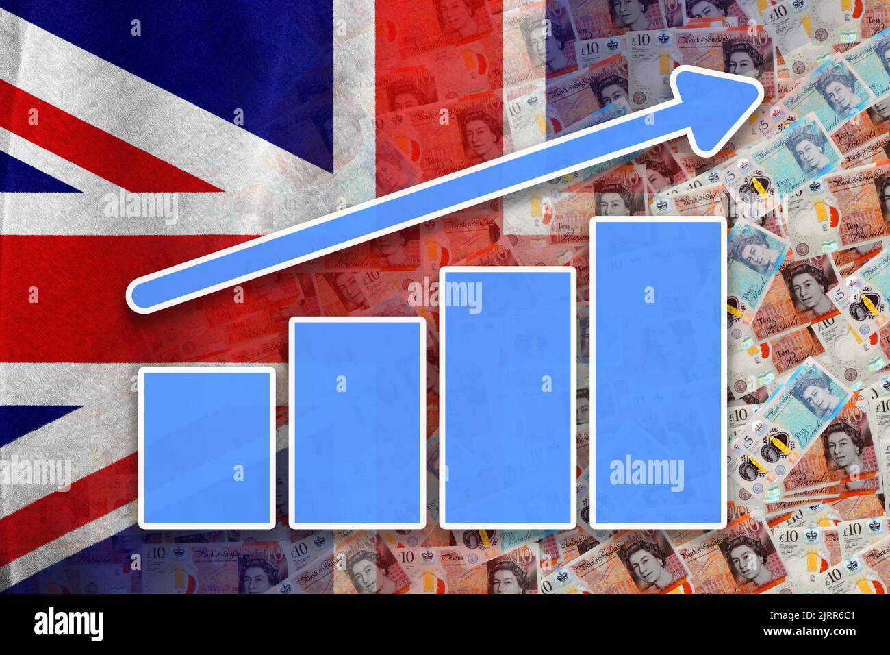 Economy graph - rising arrow, cash sterling banknotes and UK flag ...