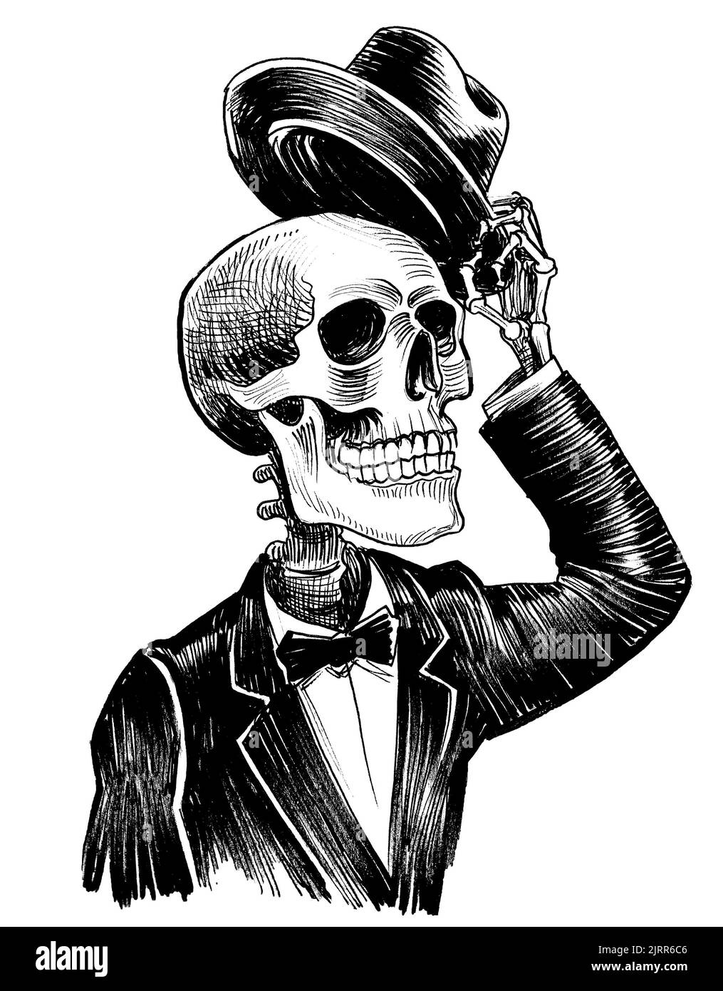 Human skeleton in suit raising hat as a greeting gesture. Ink black and ...
