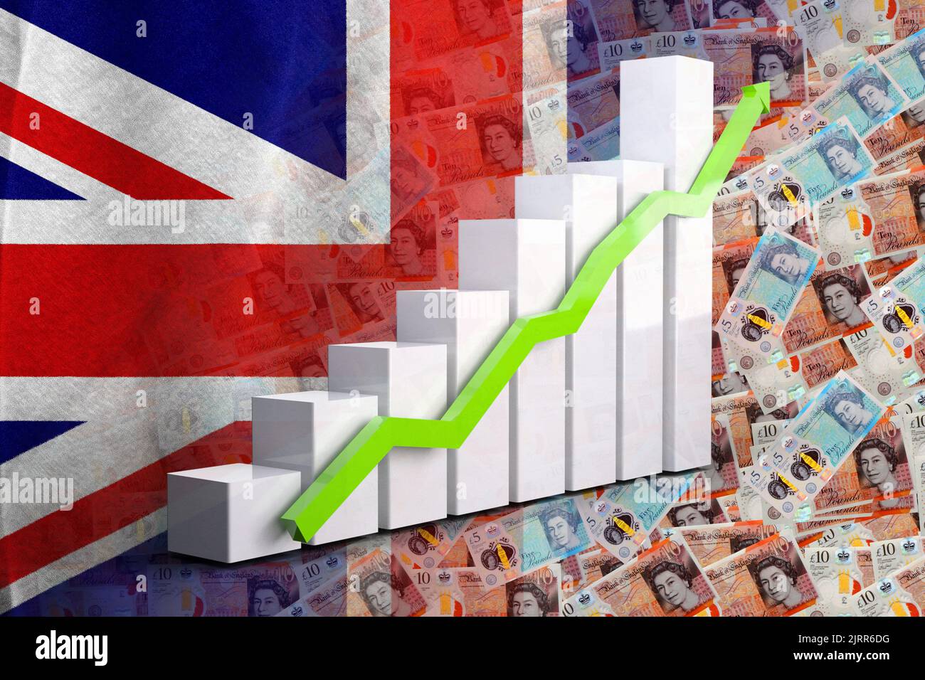 Economy graph - rising arrow, cash sterling banknotes and UK flag ...