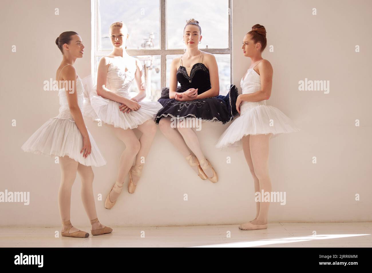 Ballet students, communication or team talking on gym or studio floor ...