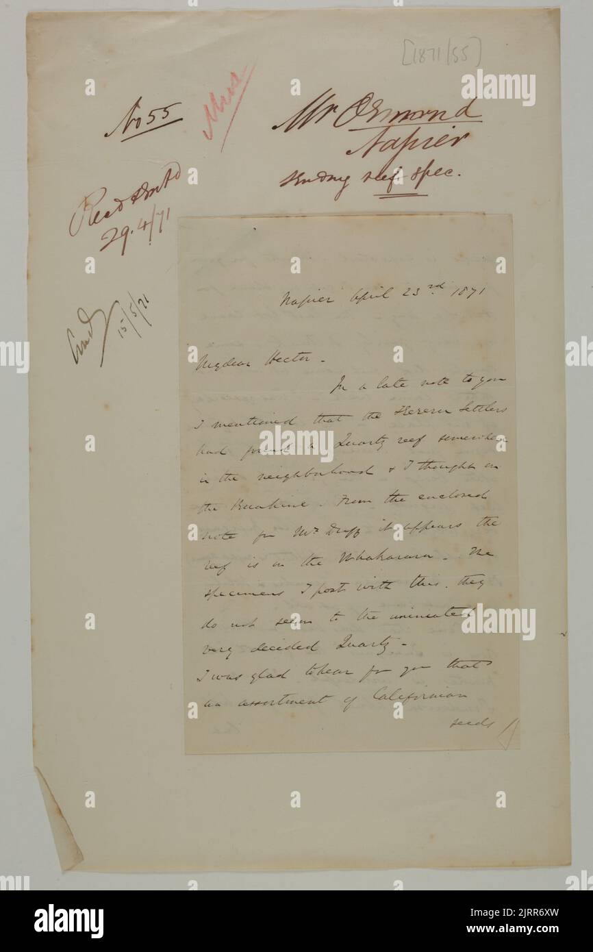 Sending specimens of reef in Whakaara and letter from Mr Duff, 23 April ...