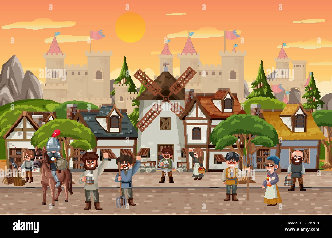 Medieval village scene castle background illustration Stock Vector ...