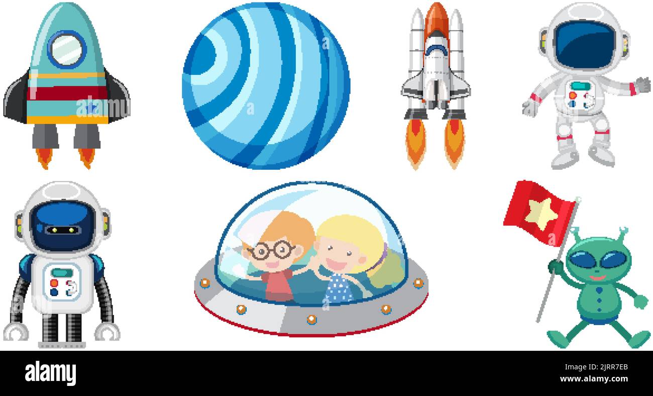 Set of space cartoon characters and objects illustration Stock Vector ...
